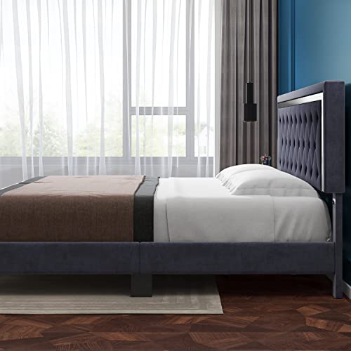 HITHOS King Bed Frame, Upholstered Platform Bed Frame with Modern Adjustable Headboard, Diamond Tufted Mattress Foundation with Wooden Slat Support, No Box Spring Needed, Easy Assembly (King, Gray)