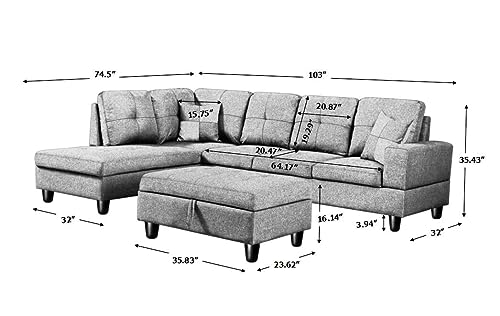 GINGVAT L-Shape Fabric Sectional Sofa,Left Consort Couch with Moveable 2 Pillows and Storage Ottoman,for Living Room Furniture Sets, Gray
