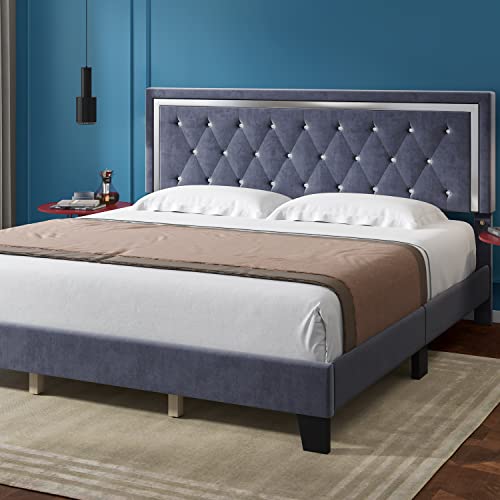 HITHOS King Bed Frame, Upholstered Platform Bed Frame with Modern Adjustable Headboard, Diamond Tufted Mattress Foundation with Wooden Slat Support, No Box Spring Needed, Easy Assembly (King, Gray)