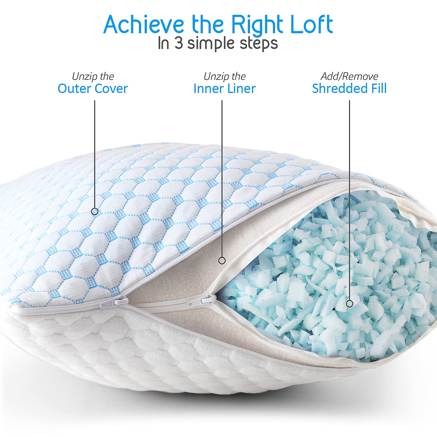 Nestl Cooling Pillow, Shredded Memory Foam Pillows King Size Set of 2, Gel Infused Cool Pillow, Adjustable King Size Pillow for Sleeping, Breathable King Pillow, Washable Removable Bed Pillow Cover