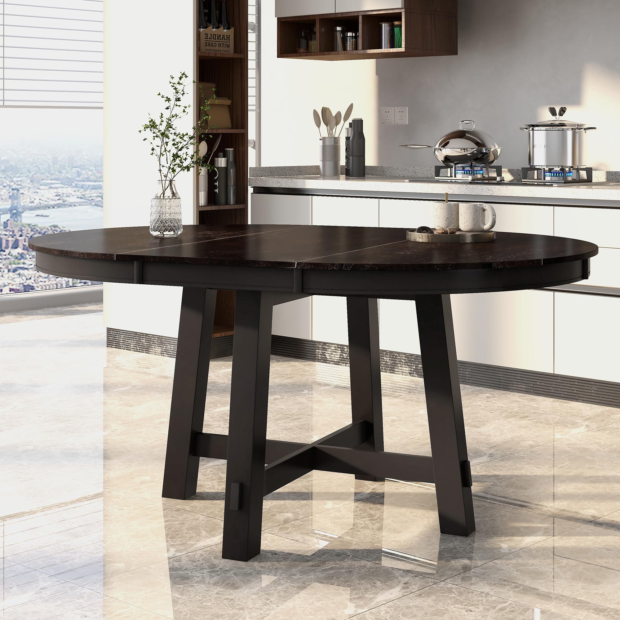 Merax Round Wood Dining Table, Farmhouse Round Extendable Dining Table with 16" Leaf Wood Kitchen Table for Dining Room, Kitchen (Espresso)