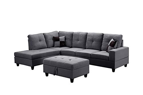 GINGVAT L-Shape Fabric Sectional Sofa,Left Consort Couch with Moveable 2 Pillows and Storage Ottoman,for Living Room Furniture Sets, Gray
