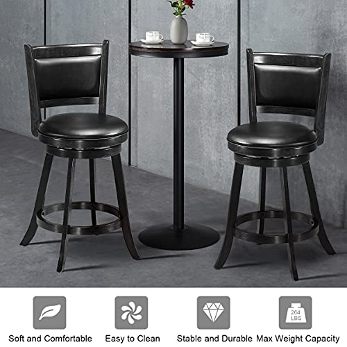 COSTWAY Bar Stools Set of 2, 360 Degree Swivel, Accent Wooden Swivel Back Counter Height Bar Stool, Fabric Upholstered Design, PVC Cushioned Seat (2 stools, Black 24'' Height)