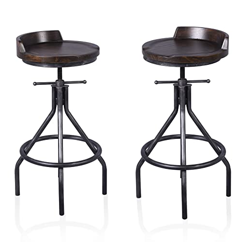 BOKKOLIK Set of 2 Bar Stools | Industrial Vintage Style | Swivel Wooden Seat | Bar Counter Height Adjustable 24-30inch | with Mini Backrest