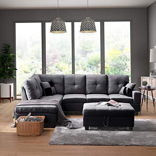GINGVAT L-Shape Fabric Sectional Sofa,Left Consort Couch with Moveable 2 Pillows and Storage Ottoman,for Living Room Furniture Sets, Gray