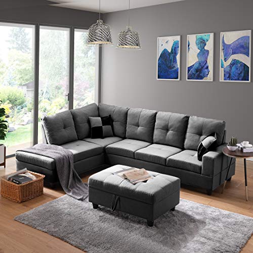 GINGVAT L-Shape Fabric Sectional Sofa,Left Consort Couch with Moveable 2 Pillows and Storage Ottoman,for Living Room Furniture Sets, Gray