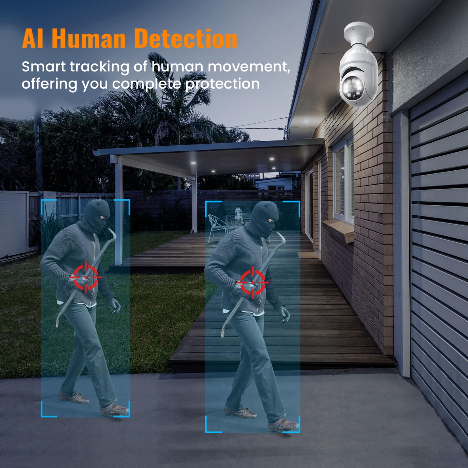 EKEN 1080p Light Bulb Security Camera, 355 Degree Pan/Tilt Panoramic IP Camera, Home Surveillance Cameras System, Human Detection, Alarm, Two-Way Audio, Night Vision, 2.4G WiFi, Pet Monitor