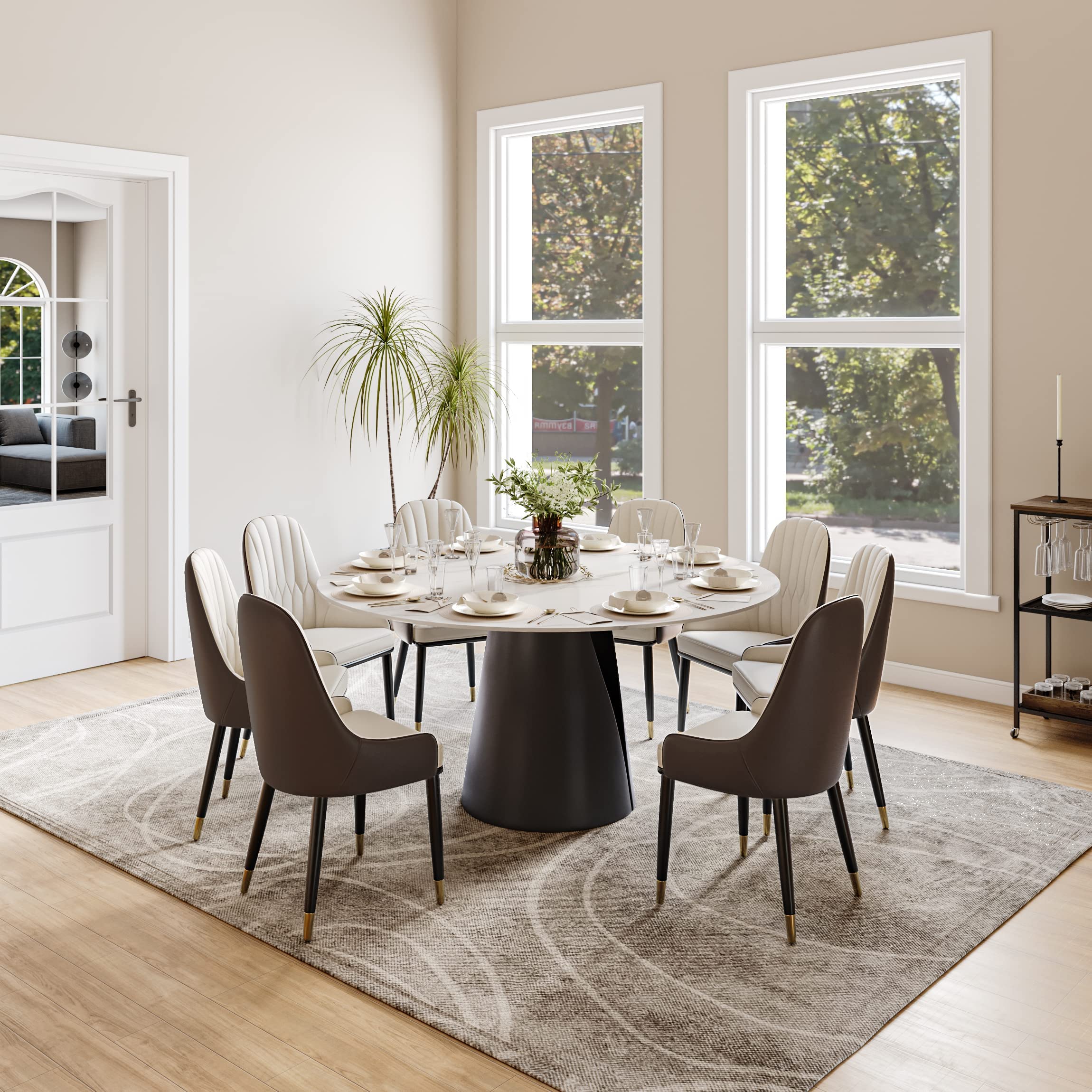 POVISON Round Dining Table for 6, Modern Dining Table 59" Dining Table Round Sintered Stone Top with Solid Black Carbon Steel Base, White Dining Table for Dining Room, Dining Table Only
