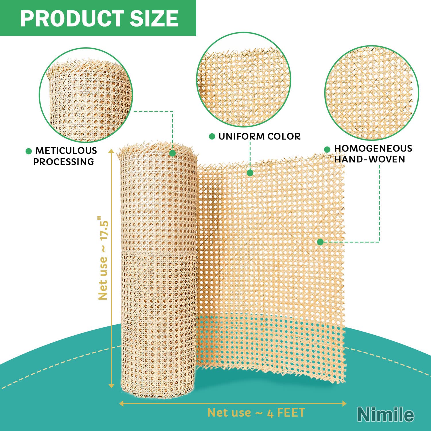 Nimile Cane Webbing Roll 17.5''W x 4Ft, Natural Rattan Webbing for DIY Home Decor Caning Projects, Woven Open Mesh Cane for Furniture, Chair, Cabinet, Ceiling or Ornaments Indoor
