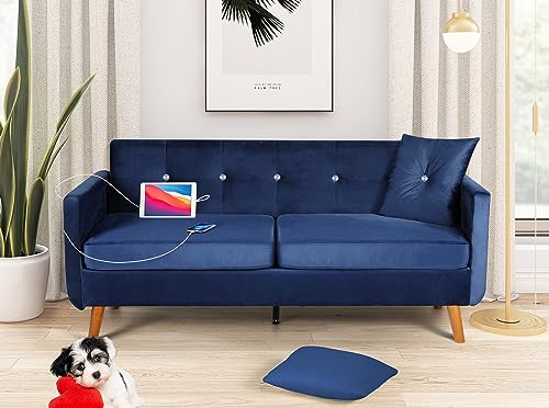 TYBOATLE 65" Modern Velvet Sofa Couch w/ 2 USB, Clear Glass Button Tufted Upholstered Love Seats for Living Room, Apartment, Bedroom (Blue)