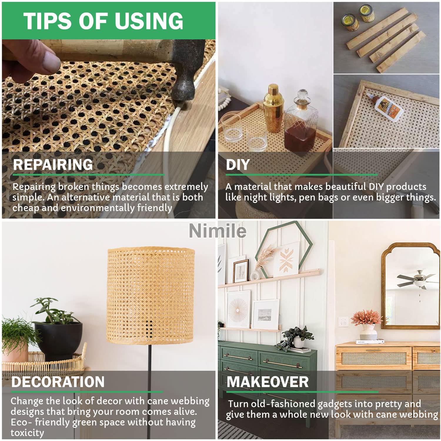 Nimile Cane Webbing Roll 17.5''W x 4Ft, Natural Rattan Webbing for DIY Home Decor Caning Projects, Woven Open Mesh Cane for Furniture, Chair, Cabinet, Ceiling or Ornaments Indoor