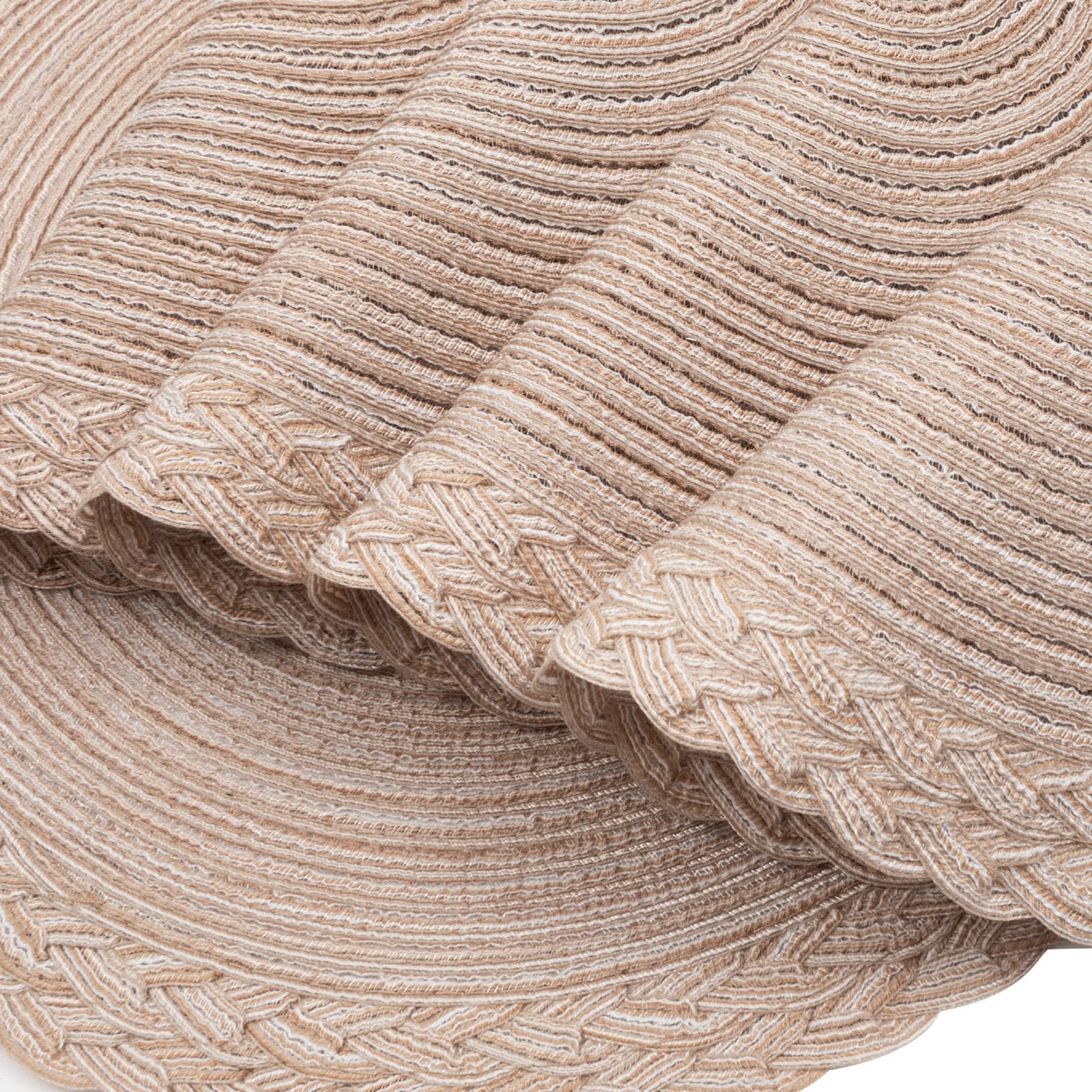 SHACOS Round Placemats Set of 6 Boho Woven Braided Border Table Mats Washable Heat Resistant 15 inch Circle Place Mats for Dining Table, Beige