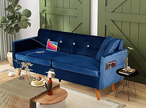 TYBOATLE 65" Modern Velvet Sofa Couch w/ 2 USB, Clear Glass Button Tufted Upholstered Love Seats for Living Room, Apartment, Bedroom (Blue)
