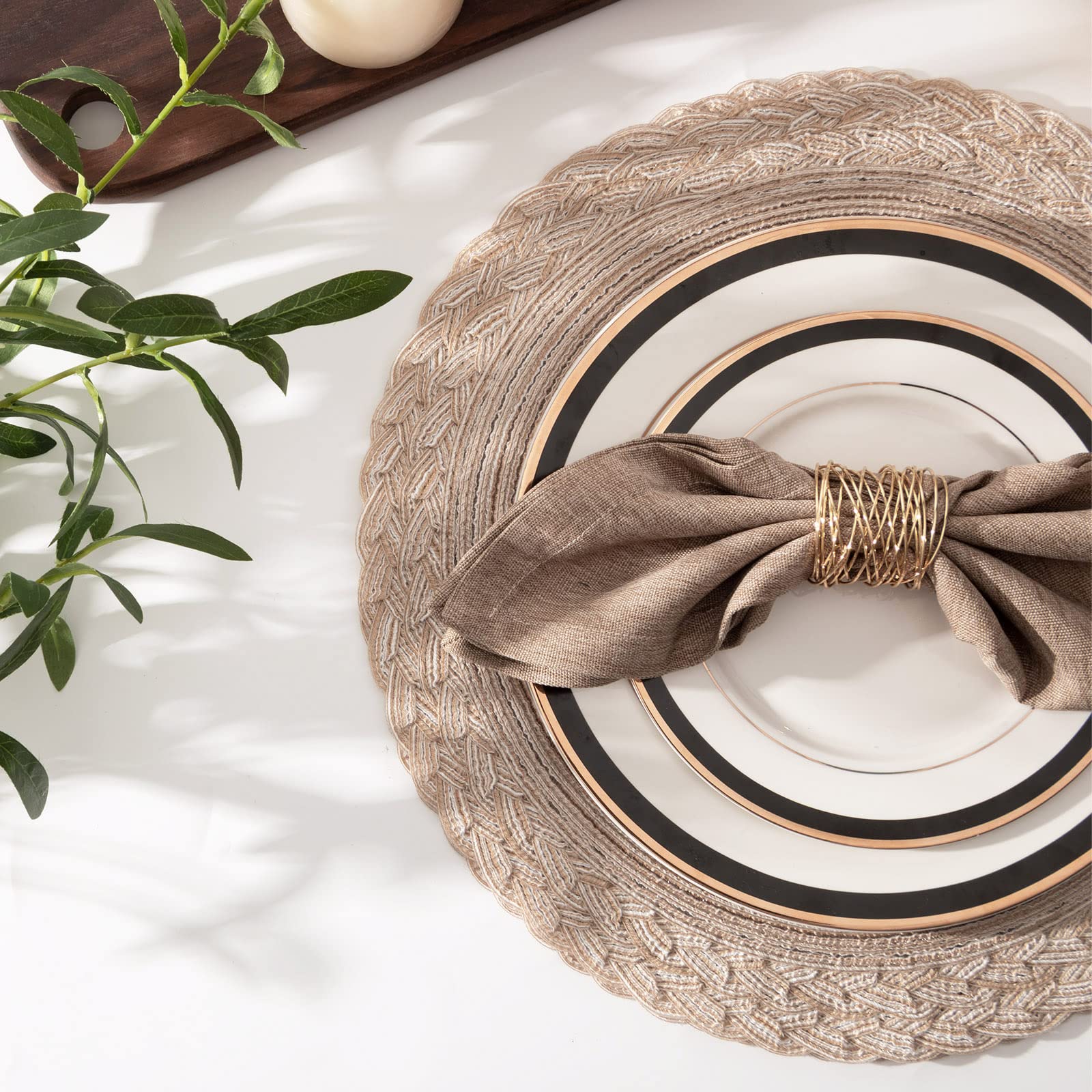SHACOS Round Placemats Set of 6 Boho Woven Braided Border Table Mats Washable Heat Resistant 15 inch Circle Place Mats for Dining Table, Beige