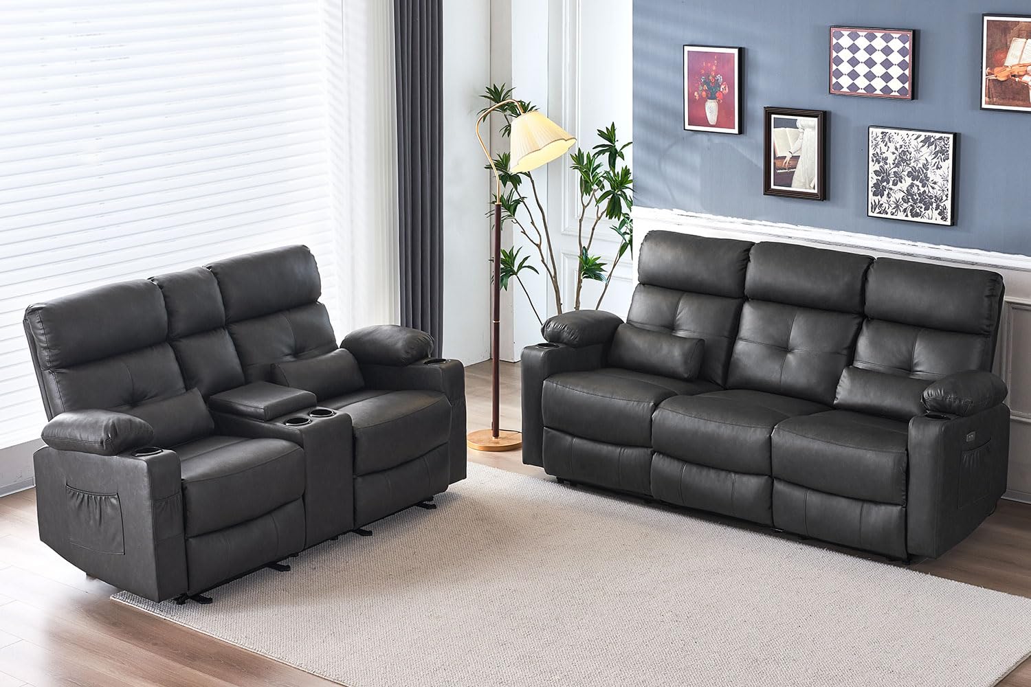 Consofa Power Recliner Sofa Set for Living Room, 2 Pieces Recliner Furniture Sofa Set, Power Reclining Sofa and Loveseat Set with Massage and Heat, Reclining Loveseat with Console for Living Room