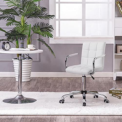 Yaheetech White Desk Chairs with Wheels/Armrests Modern PU Leather Office Chair Midback Adjustable Home Computer Executive Chair on Wheels 360° Swivel