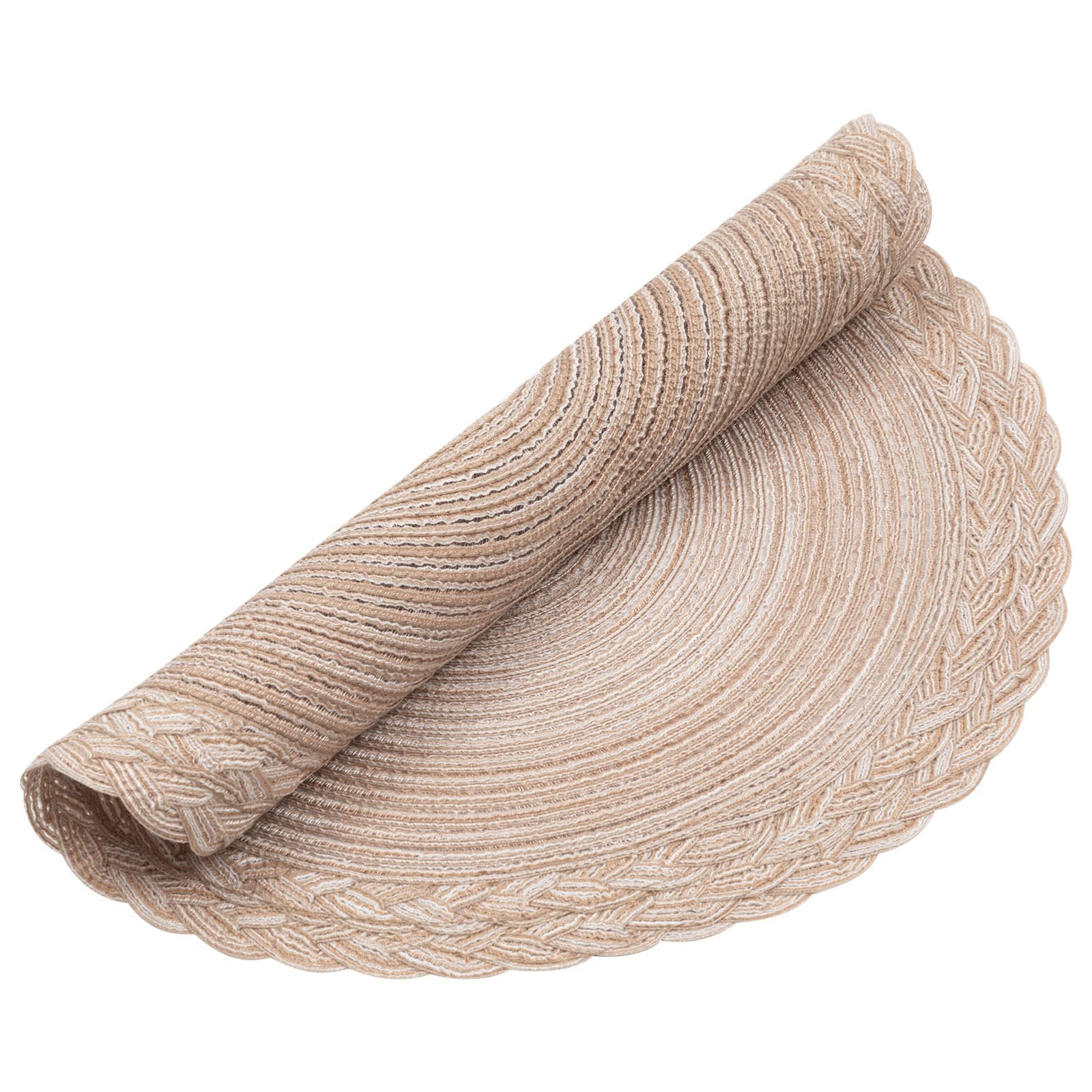 SHACOS Round Placemats Set of 6 Boho Woven Braided Border Table Mats Washable Heat Resistant 15 inch Circle Place Mats for Dining Table, Beige