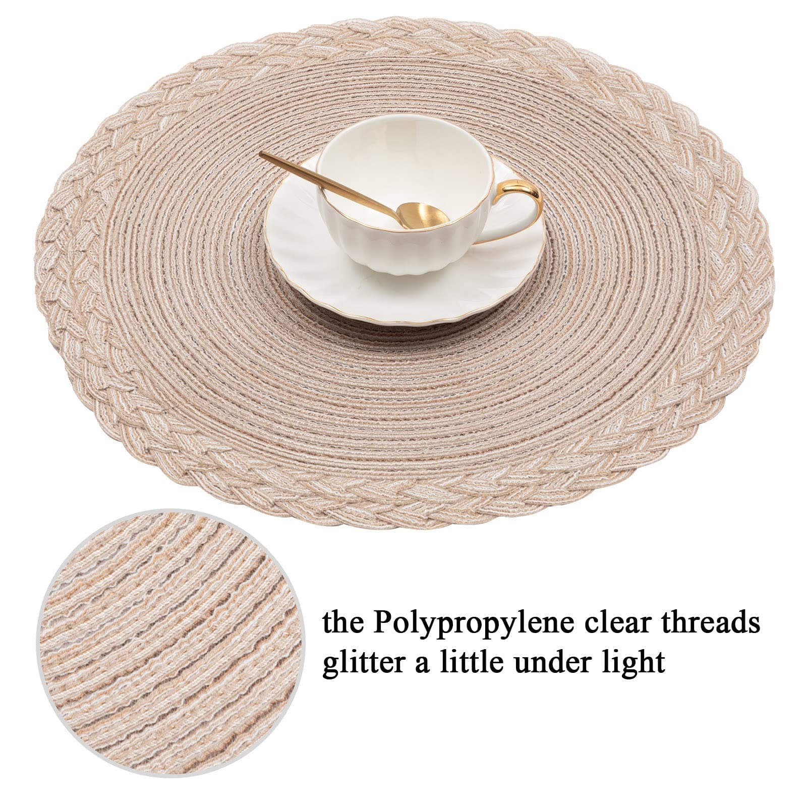 SHACOS Round Placemats Set of 6 Boho Woven Braided Border Table Mats Washable Heat Resistant 15 inch Circle Place Mats for Dining Table, Beige
