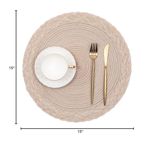 SHACOS Round Placemats Set of 6 Boho Woven Braided Border Table Mats Washable Heat Resistant 15 inch Circle Place Mats for Dining Table, Beige