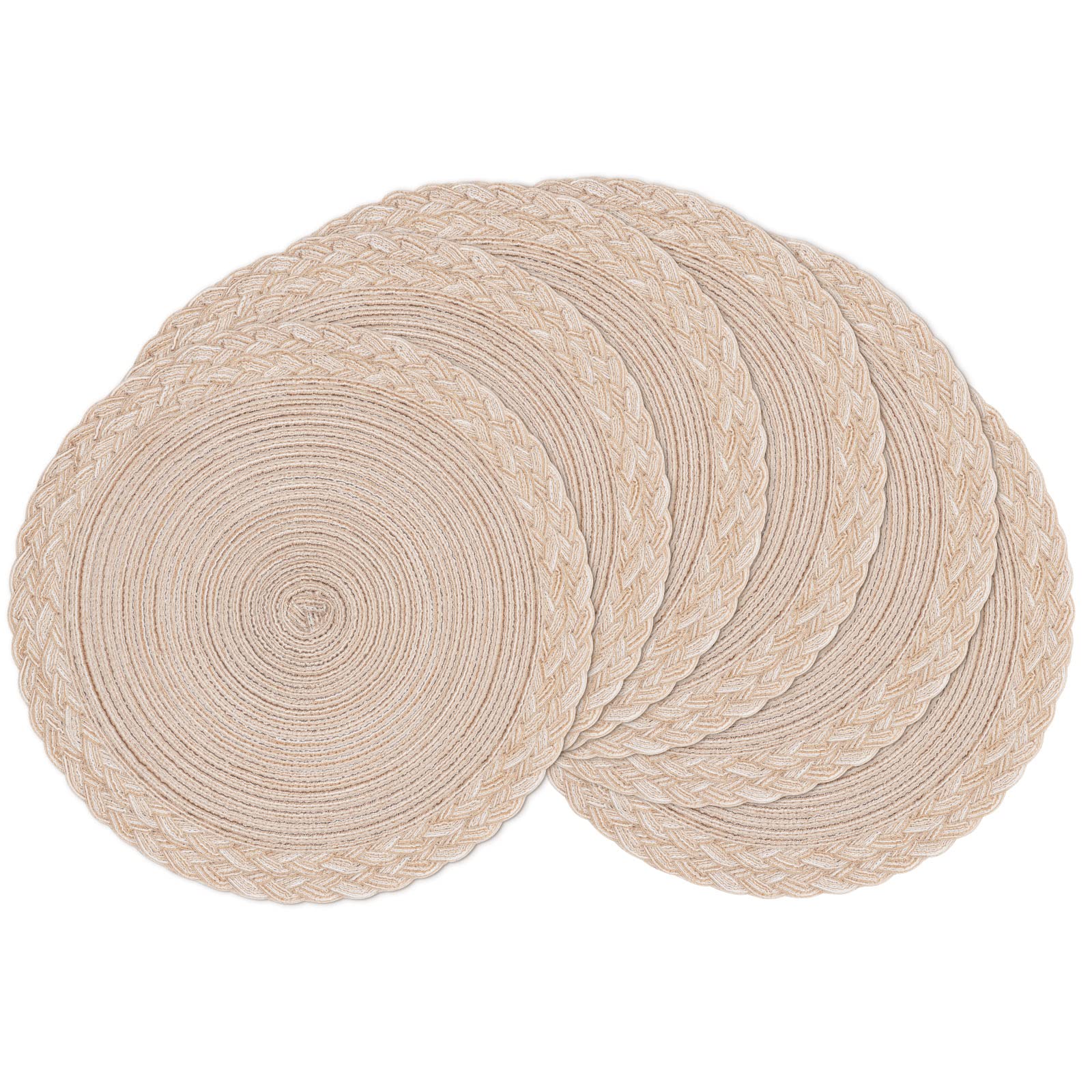 SHACOS Round Placemats Set of 6 Boho Woven Braided Border Table Mats Washable Heat Resistant 15 inch Circle Place Mats for Dining Table, Beige