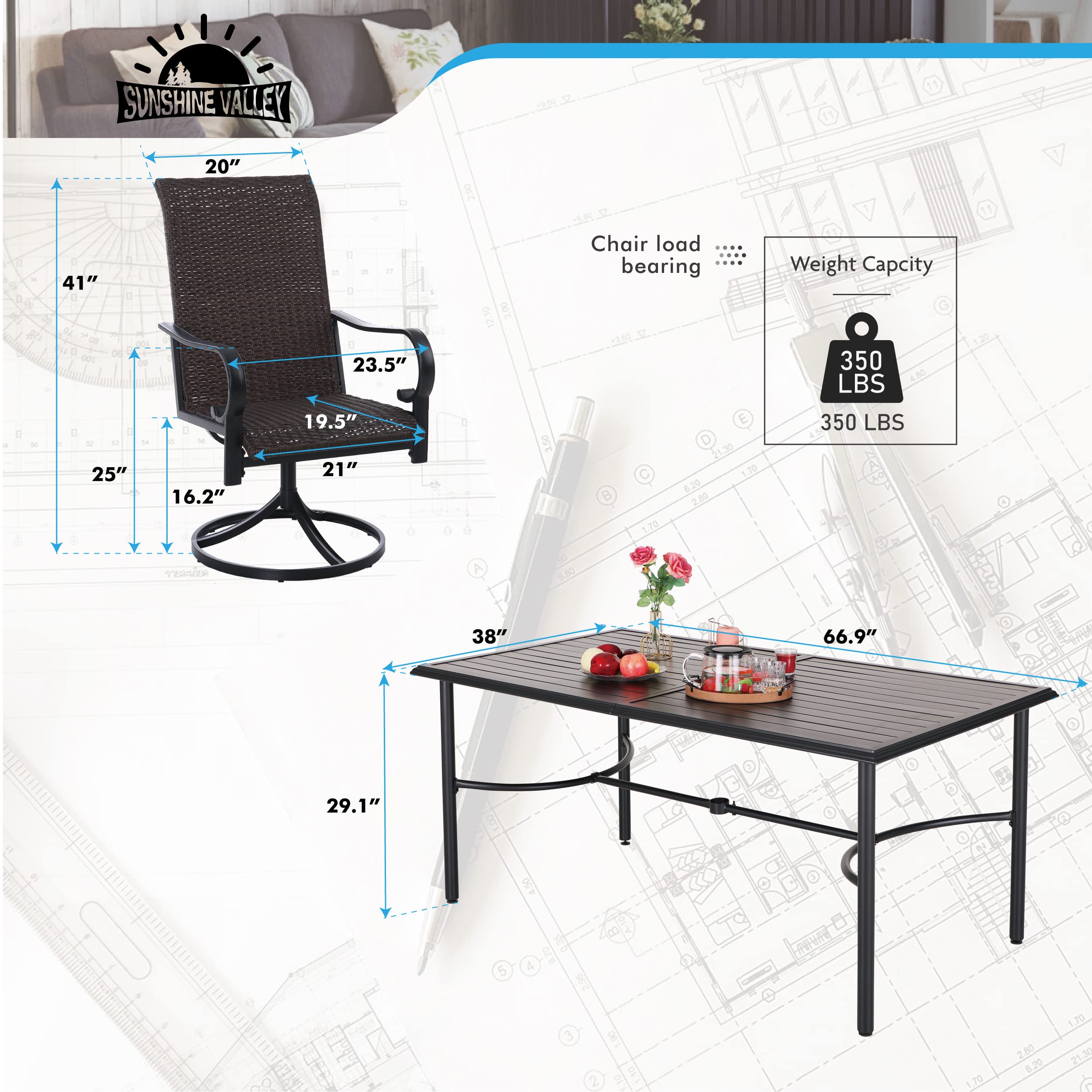SUNSHINE VALLEY Outdoor Dining Sets,Wicker Swivel Chairs for 6,66.9" x 38" x29.1" Rectangular Outdoor Dining Table with Rounded Support,Patio Rattan Dining Sets for Outdoor Kitchen Lawn Garden,Deck