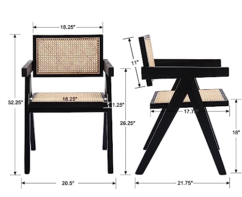 ZHENGHAO Rattan Dining Chairs Set of 2, Mid Century Modern Chairs with Mesh Back, Accent Cane Kitchen Chairs Comfy Side Chair with Arms for Dining Room/Restaurant/Living Room, Black