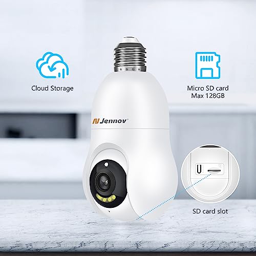 Jennov 2K/3MP Light Bulb Security Camera, 2.4Ghz Wi-Fi Security Camera Wireless Outdoor, 360° Indoor Light Socket Camera Easy Installation, Auto Tracking, Motion Detection, Compatible with Alexa