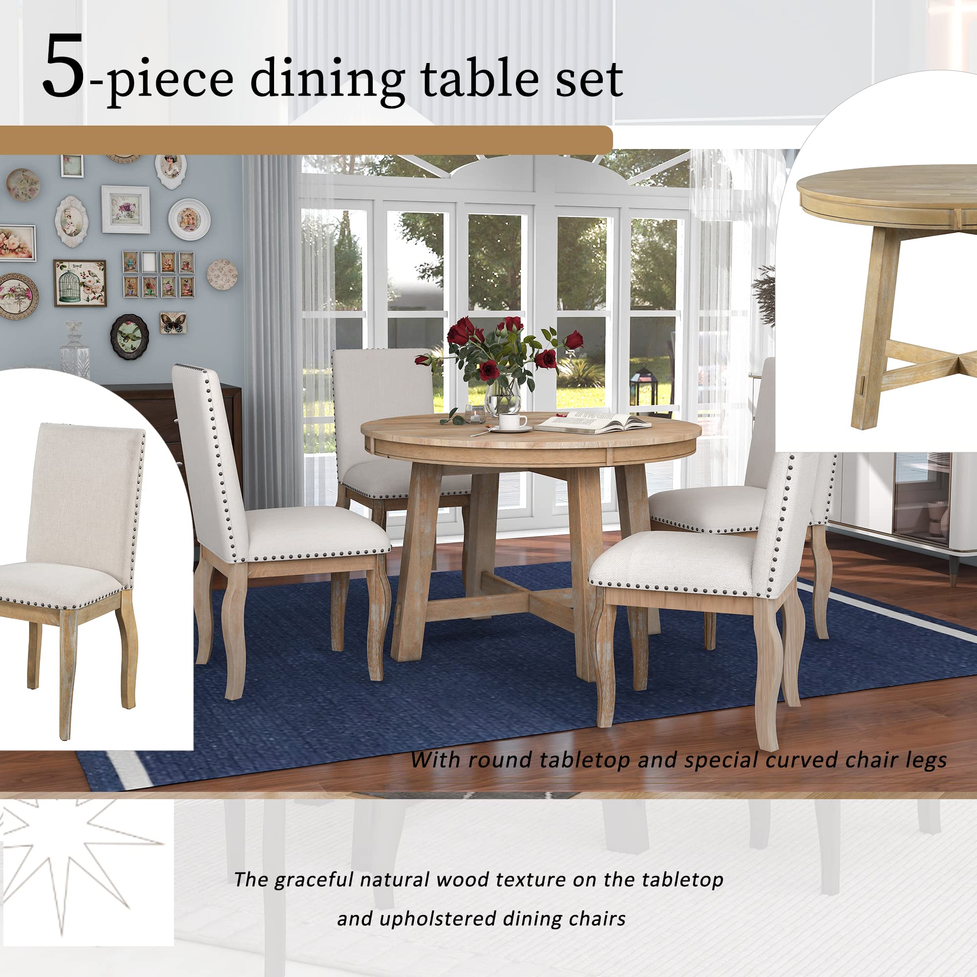 Merax 5-Piece Farmhouse Wooden Round Extendable Dining Table Set with 4 Upholstered Chairs, Family Kitchen Furniture, Natural Wood Wash_5Pcs