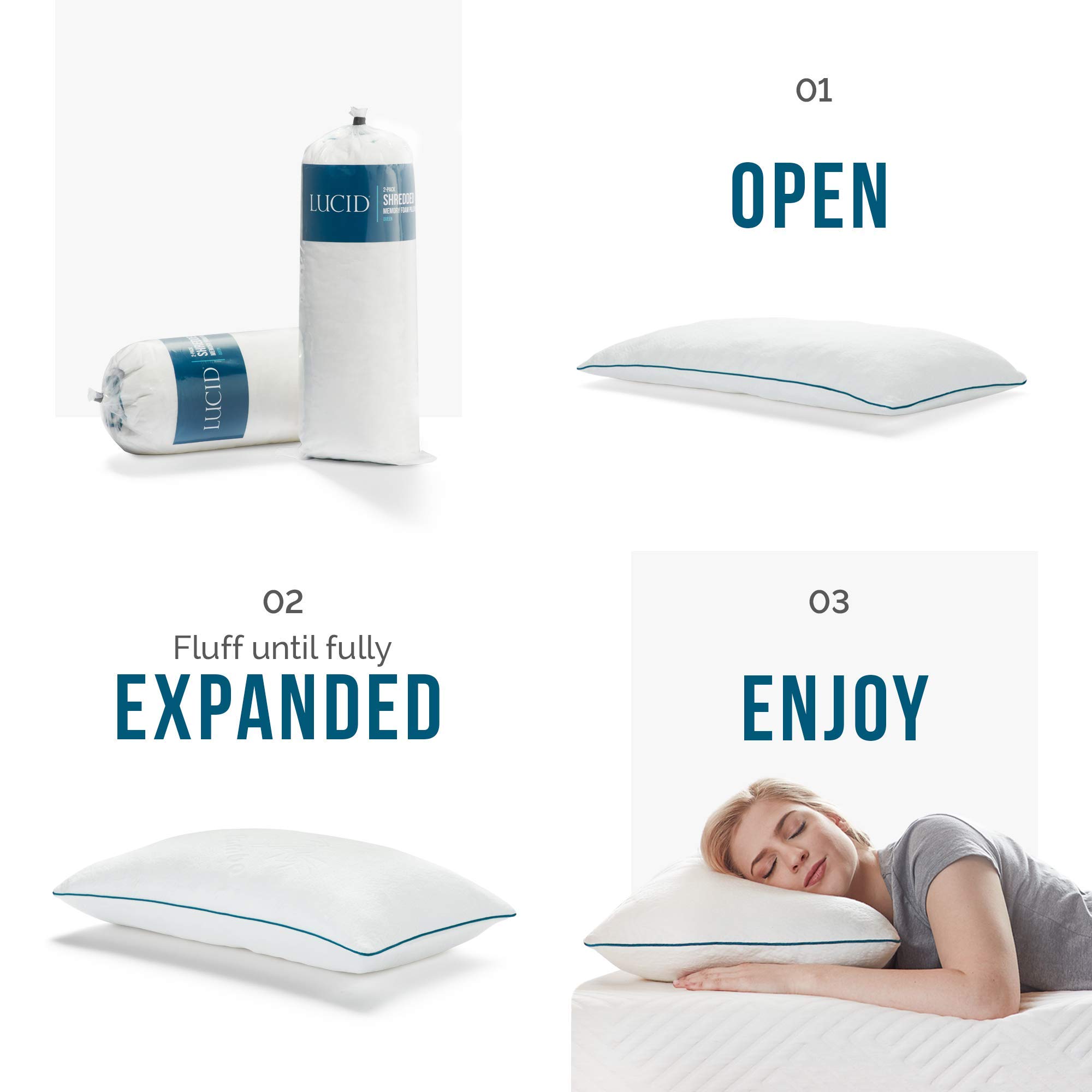 LUCID Premium Shredded Memory Foam Pillow-Hypoallergenic-Moldable Loft, King, King (Pack of 2),White