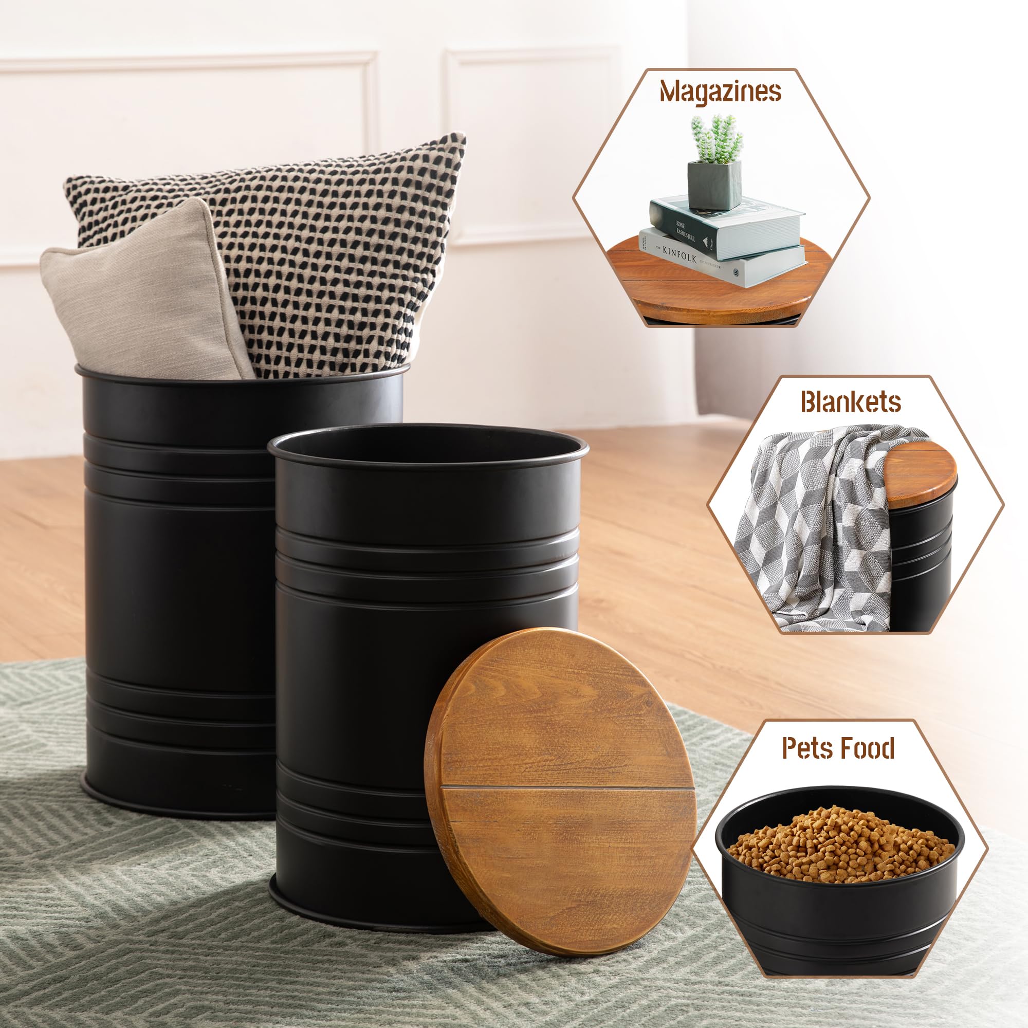 Glitzhome Rustic End Table Set of 2, Farmhouse Galvanized Metal Barrel Ottoman Storage Stool with Round Wood Lid for Living Room Furniture, Black