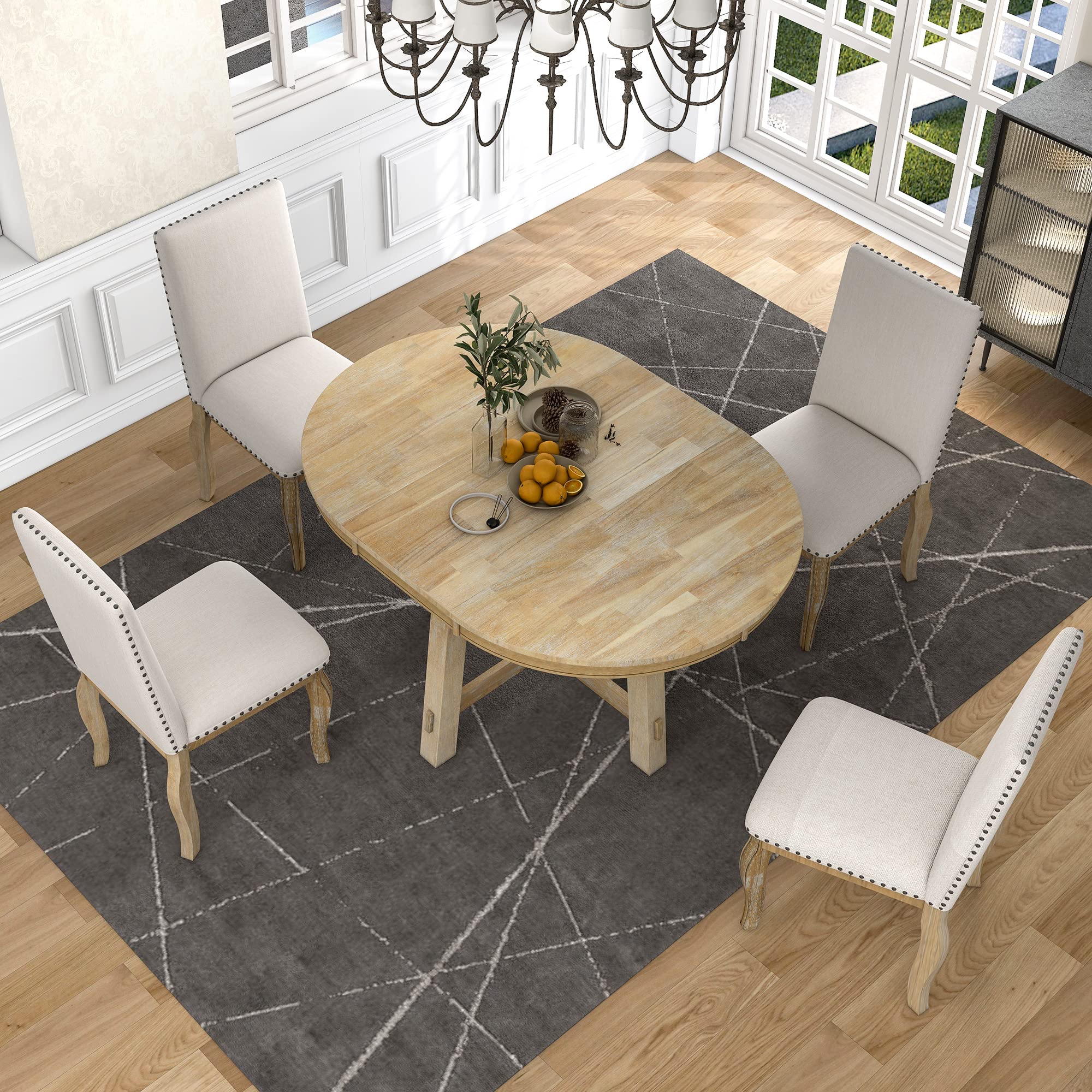 Merax 5-Piece Farmhouse Wooden Round Extendable Dining Table Set with 4 Upholstered Chairs, Family Kitchen Furniture, Natural Wood Wash_5Pcs