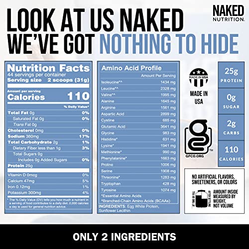 NAKED nutrition 3LB Non-GMO Egg White Protein Supplement Powder, Unflavored, No Additives, Paleo, Dairy Free, Gluten Free, Soy Free β 25g Protein, 44 Servings, 3 pounds