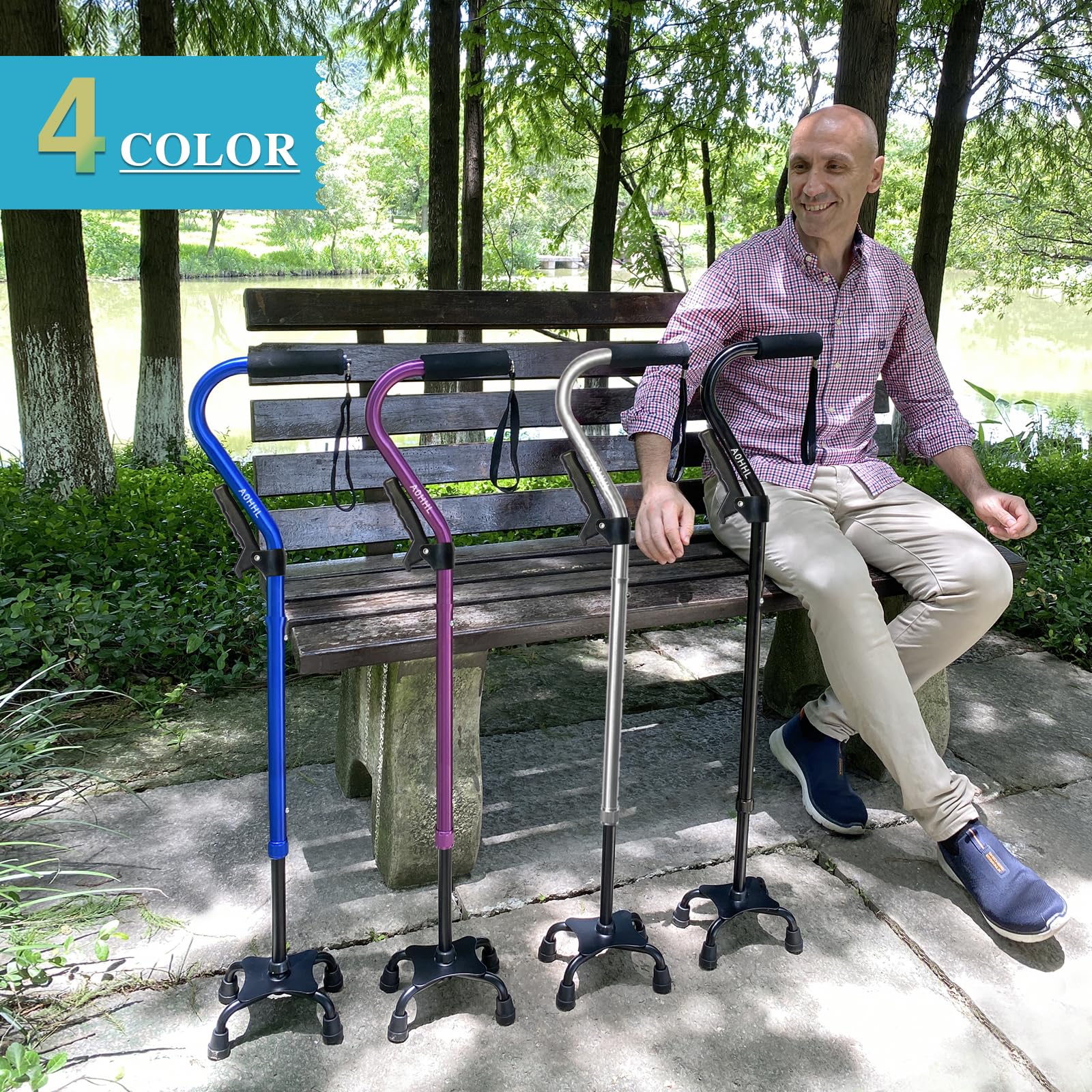 AOHHL Quad Walking Cane Foldable Adjustable Portable Stick Men & Women and Seniors - Lightweight & Sturdy with 4-Pronged Base for Extra Stability Balance,Self Standing Gifts for mom Dad(black1)