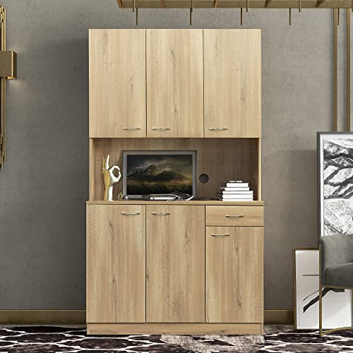 71" Kitchen Pantry Cabinet, Freestanding Floor Cabinet with 6-Doors & Microwave Stand, Sideboard Buffet Cabinet Hutch Cupboard, Tall Storage Cabinet for Kitchen, Dinning Room, Living Room (Oak)