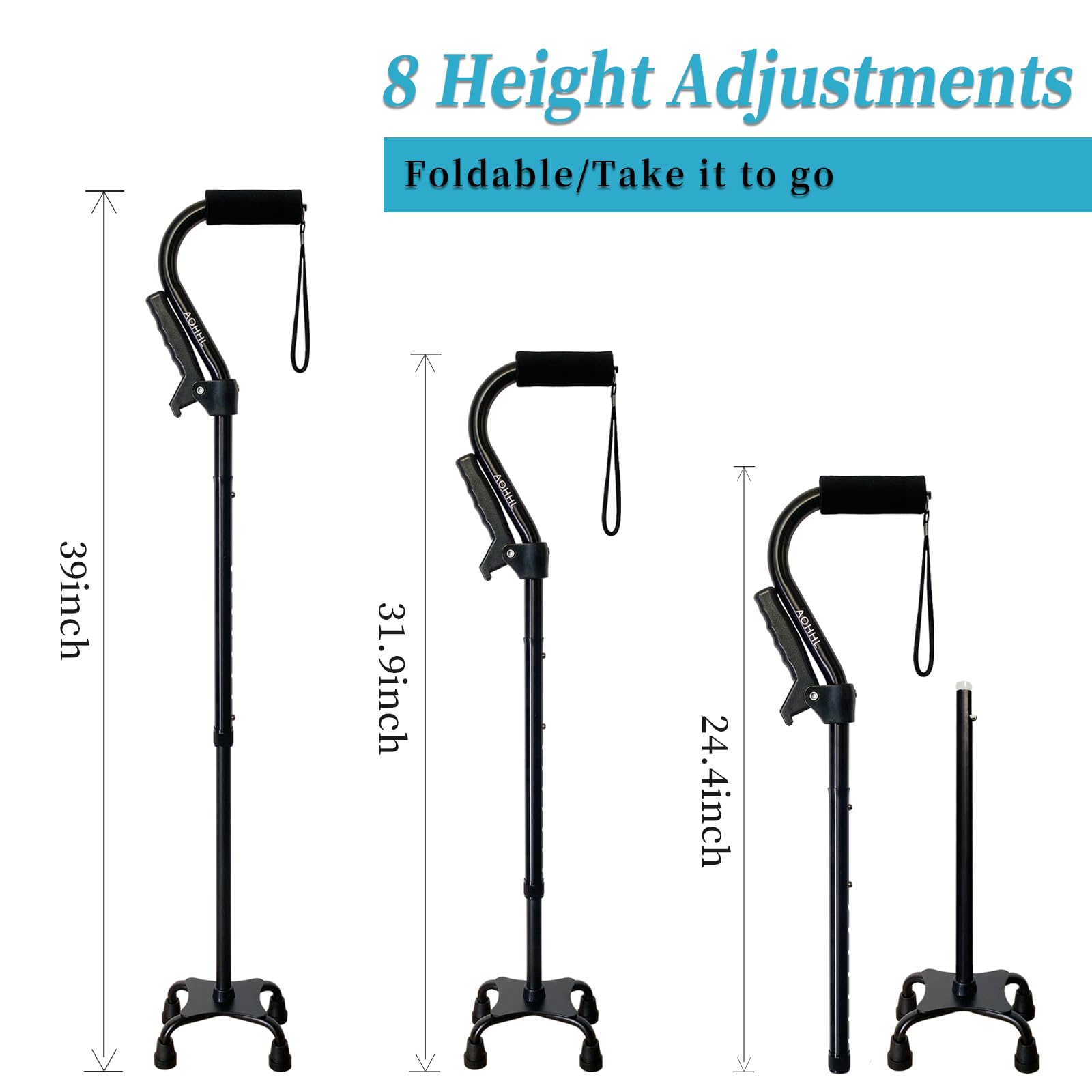 AOHHL Quad Walking Cane Foldable Adjustable Portable Stick Men & Women and Seniors - Lightweight & Sturdy with 4-Pronged Base for Extra Stability Balance,Self Standing Gifts for mom Dad(black1)
