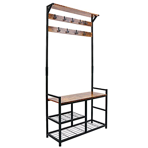 HOMEKOKO Coat Rack Shoe Bench, Hall Tree Entryway Storage Bench, Wood Look Accent Furniture with Metal Frame, 3-in-1 Design (Rustic Brown)