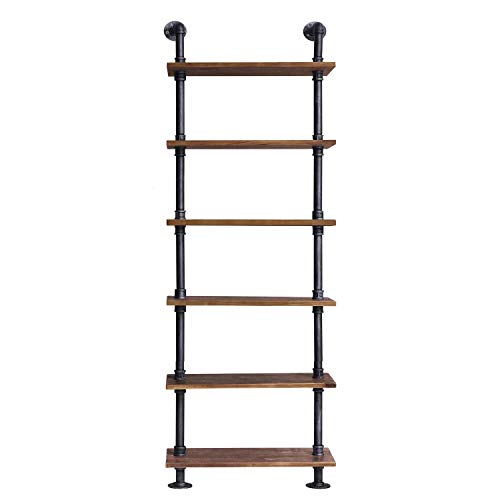 Diwhy 24”Width Industrial Pipe Shelves Rustic Modern Wood Ladder Bookcase with Metal Frame,Pipe Wall Shelf,Wood Storage,Home Decor,Display Shelving,Retro Floating Wood Shelving,6 Layer Bookshelf