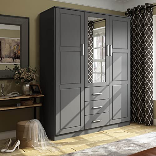 Palace Imports Cosmo Solid Wood 3-Door Wardrobe with Mirror and 3 Drawers, White. Additional Shelves Sold Separately.