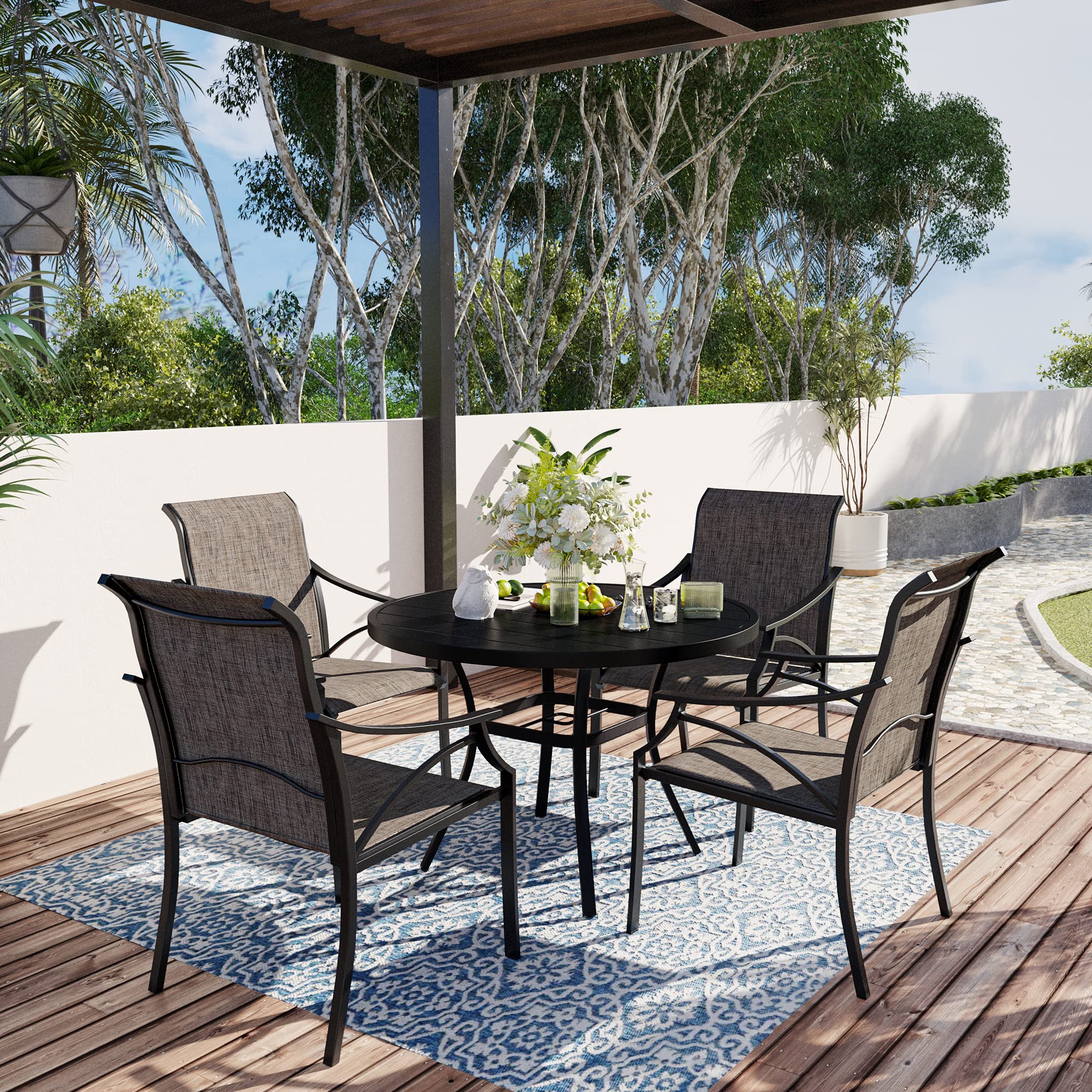 VICLLAX Outdoor Patio Round Dining Table, 42"x 42" Metal Slatted Round Tabletop with Adjustable Umbrella Hole for Deck Lawn Garden Backyard, Black