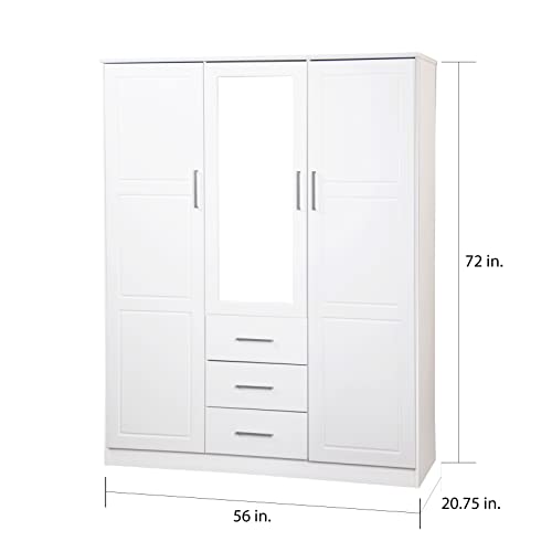 Palace Imports Cosmo Solid Wood 3-Door Wardrobe with Mirror and 3 Drawers, White. Additional Shelves Sold Separately.
