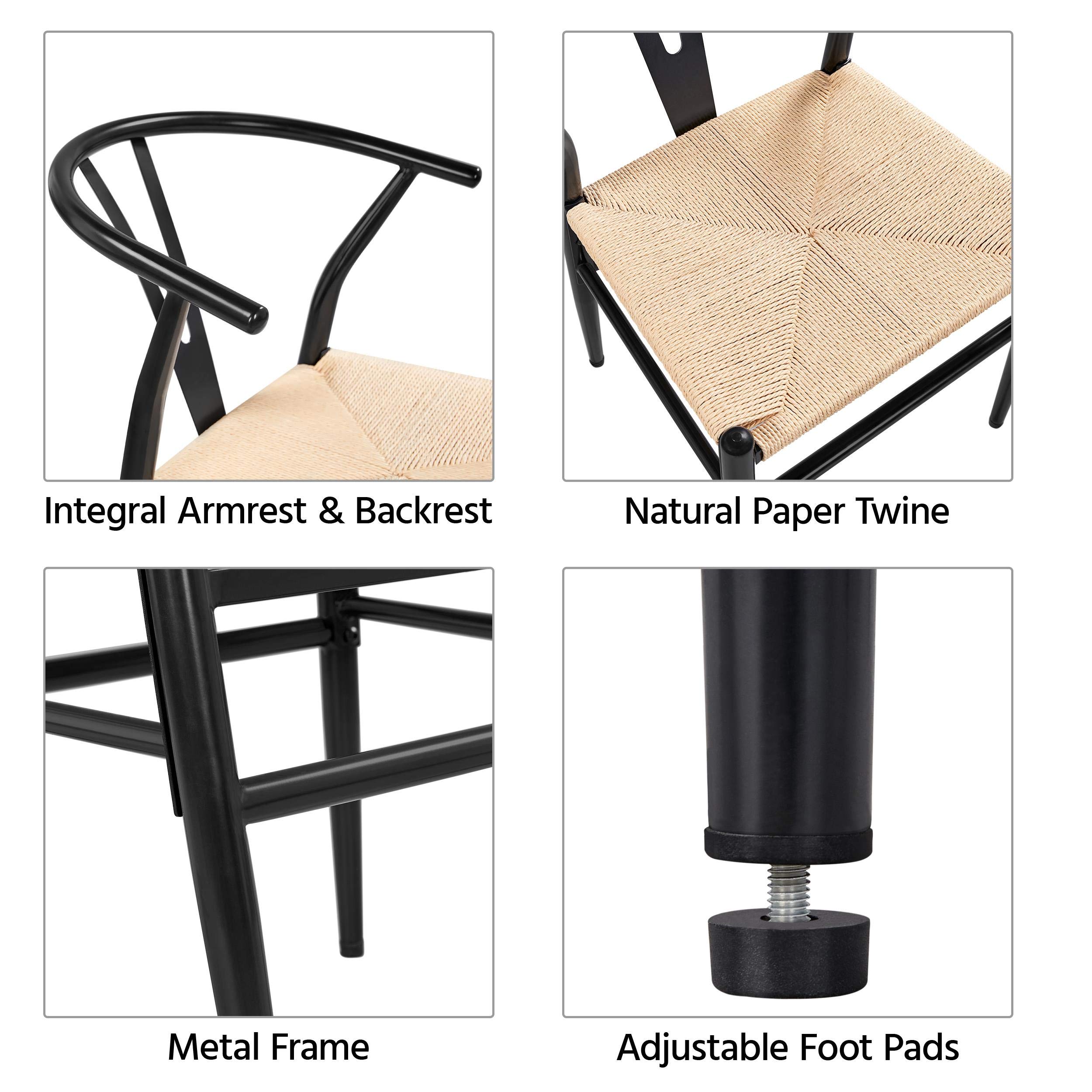 Yaheetech Set of 2 Weave Arm Chair Mid-Century Metal Dining Chair Y-Shaped Backrest Hemp Seat, Black