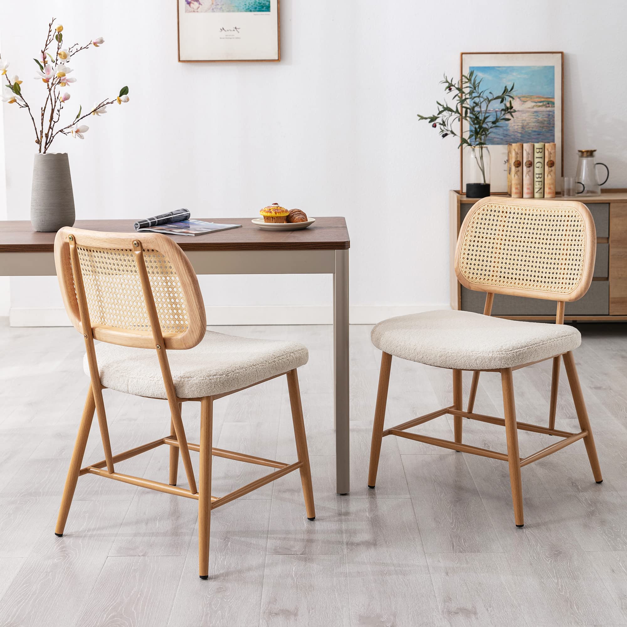 ONEVOG Classic Fabric Dining Chairs, Plush Upholstered Dining Seat,Kitchen Dining Room Chair with Curved Back, Faux Wood Metal Legs, Mid Century Modern Beige Dinner Chairs Set of 2