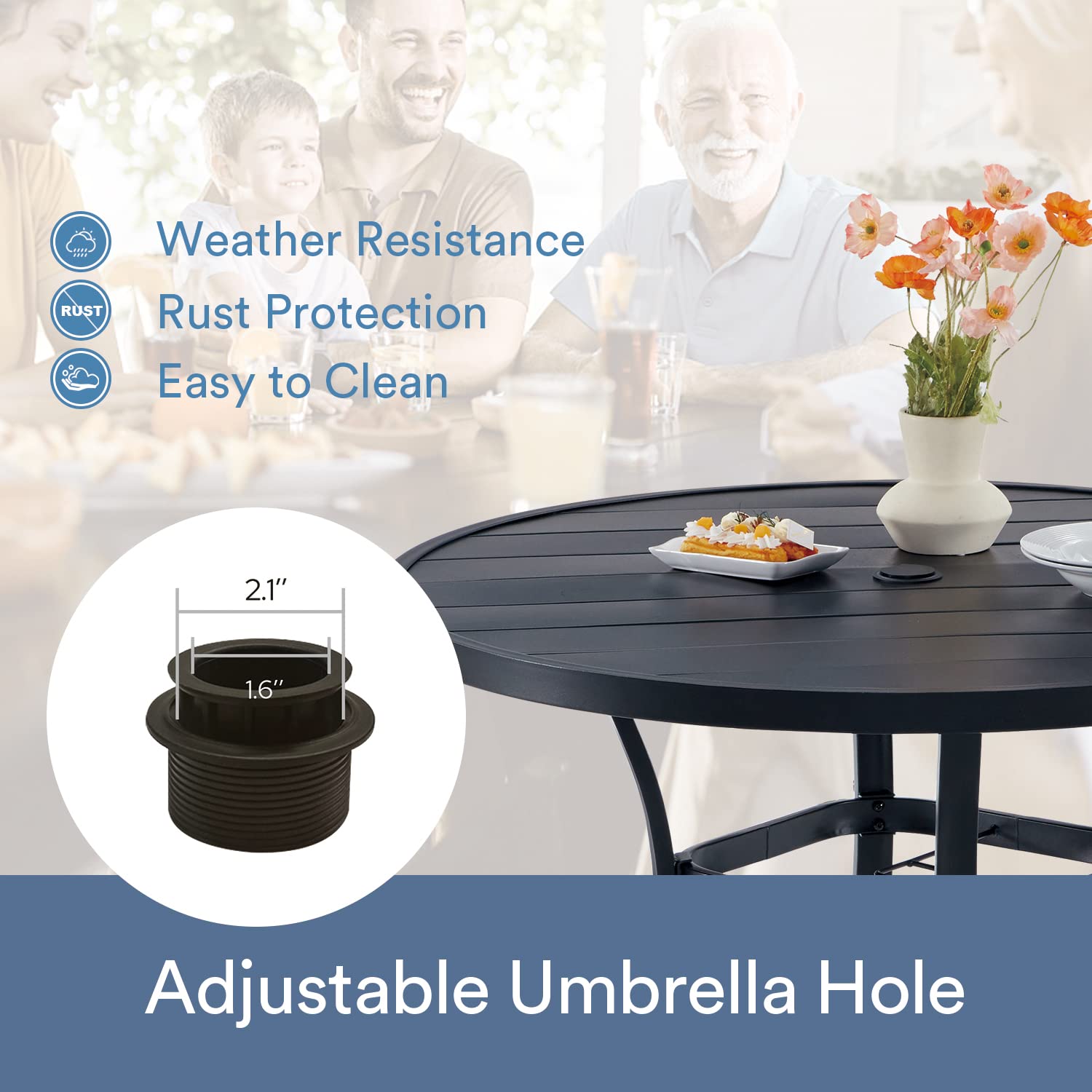VICLLAX Outdoor Patio Round Dining Table, 42"x 42" Metal Slatted Round Tabletop with Adjustable Umbrella Hole for Deck Lawn Garden Backyard, Black
