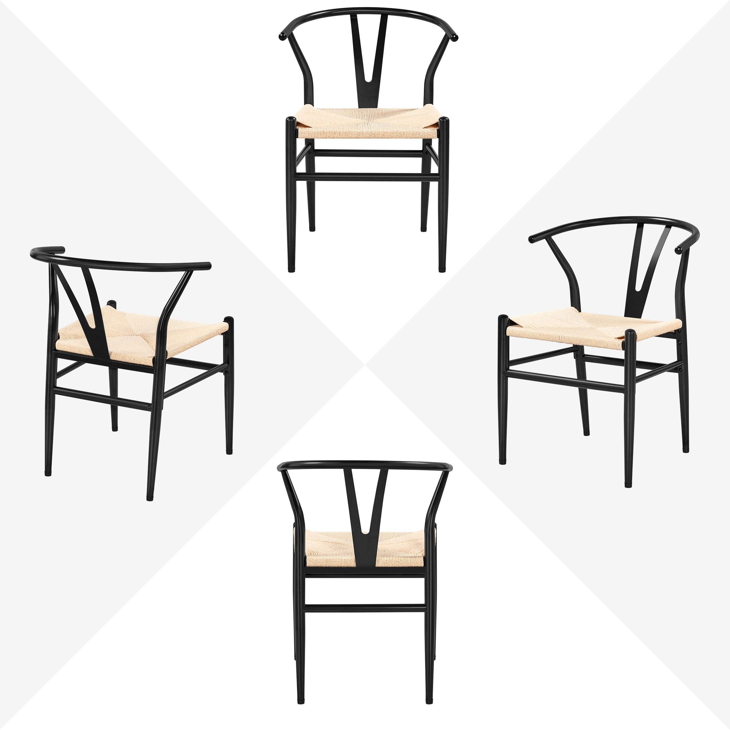 Yaheetech Set of 2 Weave Arm Chair Mid-Century Metal Dining Chair Y-Shaped Backrest Hemp Seat, Black
