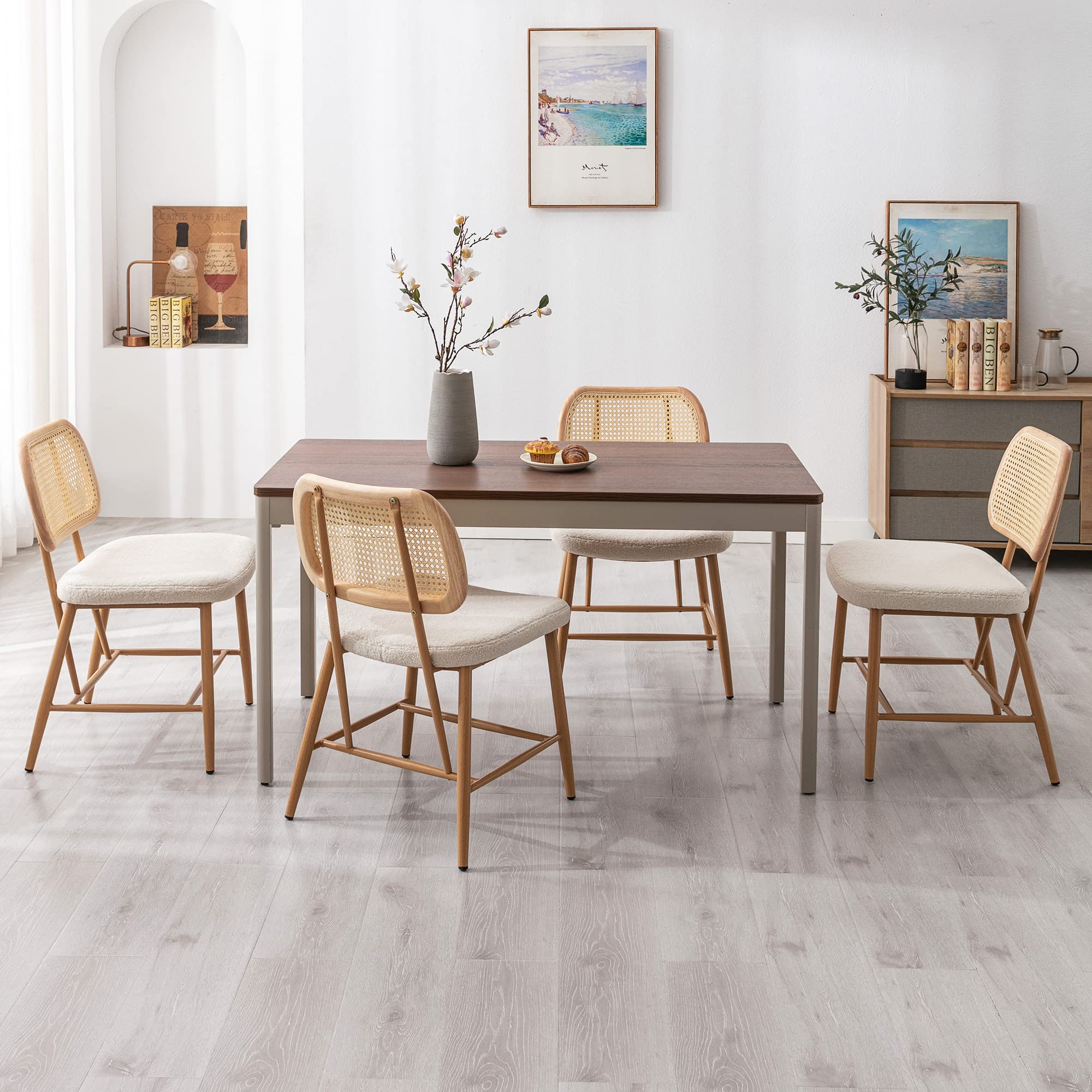 ONEVOG Classic Fabric Dining Chairs, Plush Upholstered Dining Seat,Kitchen Dining Room Chair with Curved Back, Faux Wood Metal Legs, Mid Century Modern Beige Dinner Chairs Set of 2