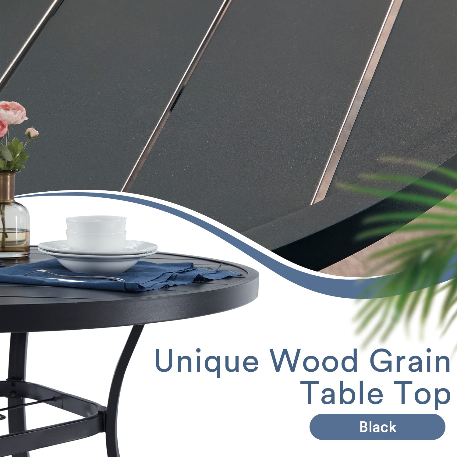 VICLLAX Outdoor Patio Round Dining Table, 42"x 42" Metal Slatted Round Tabletop with Adjustable Umbrella Hole for Deck Lawn Garden Backyard, Black