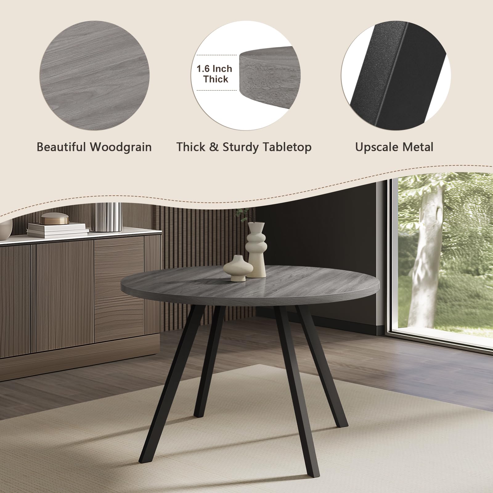 SIMTONAL Round Wood Dining Table for 4-6, 47" Mid Century Modern Kitchen Table (Only Table), Grey
