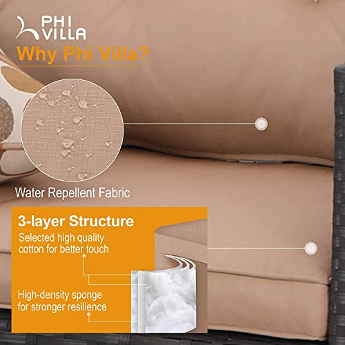 PHI VILLA 77" Wide Outdoor Rattan Sectional Sofa with Cushions - Small Patio Wicker Furniture Set (3 - Person Seating Group, Beige) Tabletop Fire Pit Included
