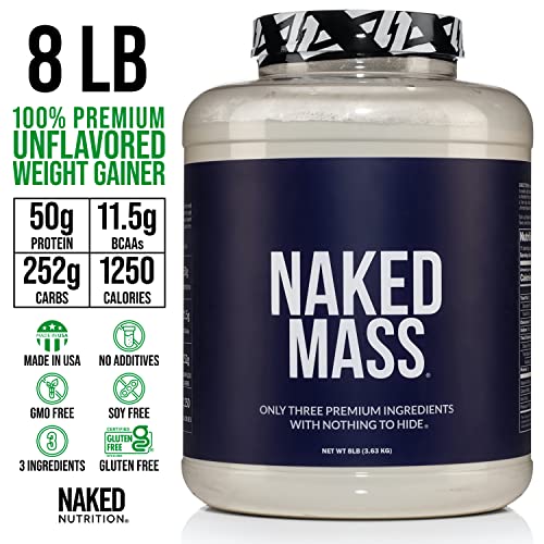 Naked Mass - Natural Weight Gainer Protein Powder - 8lb Bulk, GMO Free, Gluten Free & Soy Free. No Artificial Ingredients - 1,250 Calories - 11 Servings