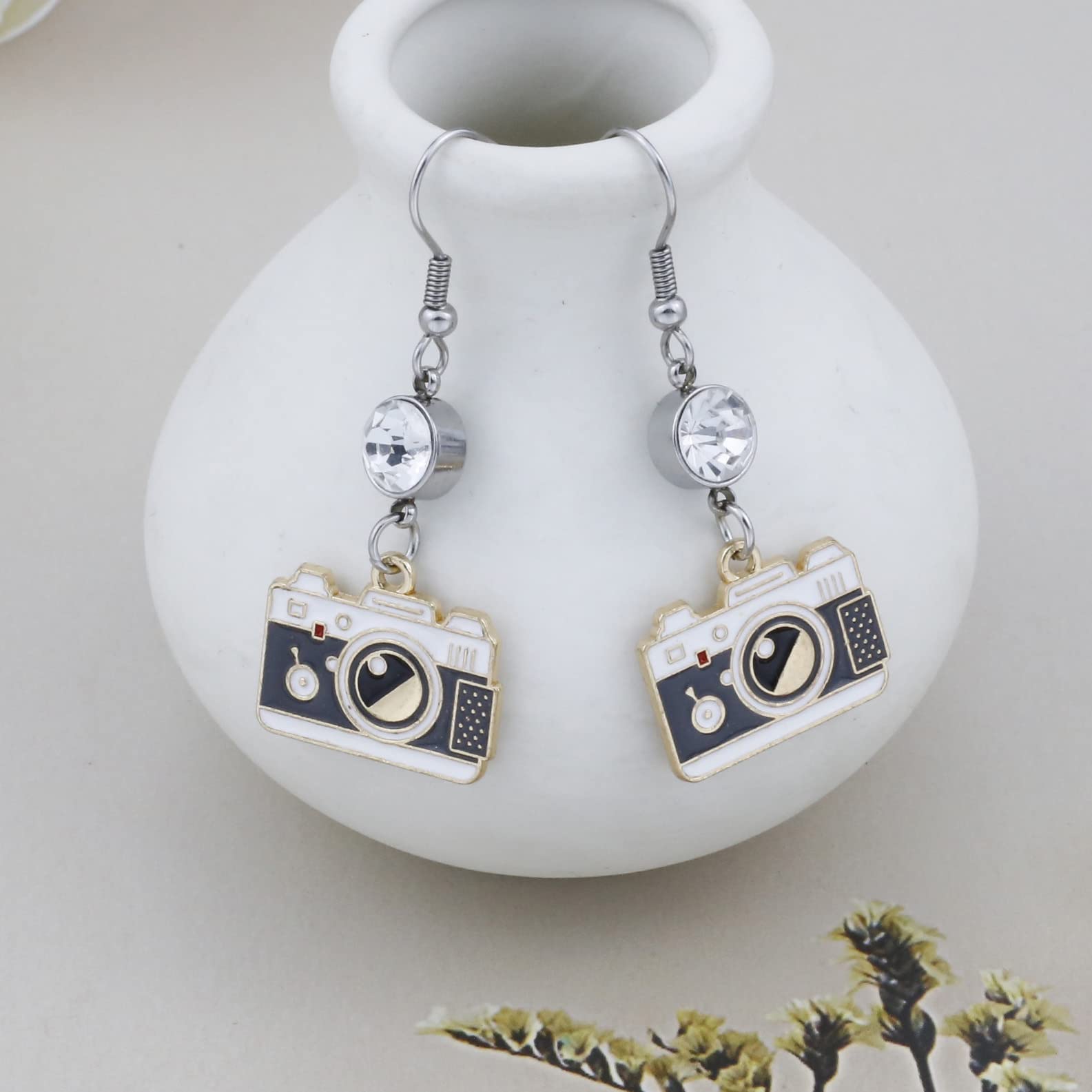 NC Camera Earrings with Birthstone Photographer Earrings Personalized Retro Camera Earrings Photography Gift Camera Charms Jewelry (Camera Ear RG)